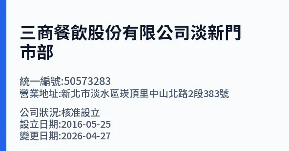 三商餐飲股份有限公司淡新門市部的照片-統編 50573283(新北市) 公司登記資料與營業項目詳細圖表
