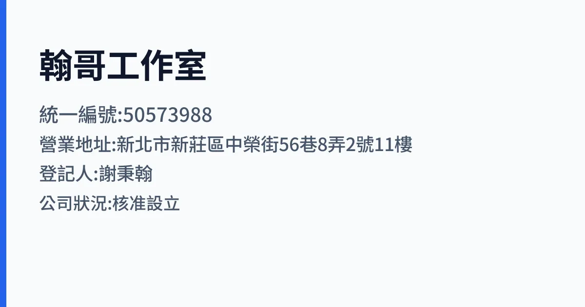 翰哥工作室 - 統編 50573988(新北市) 公司登記資料與營業項目詳細圖表