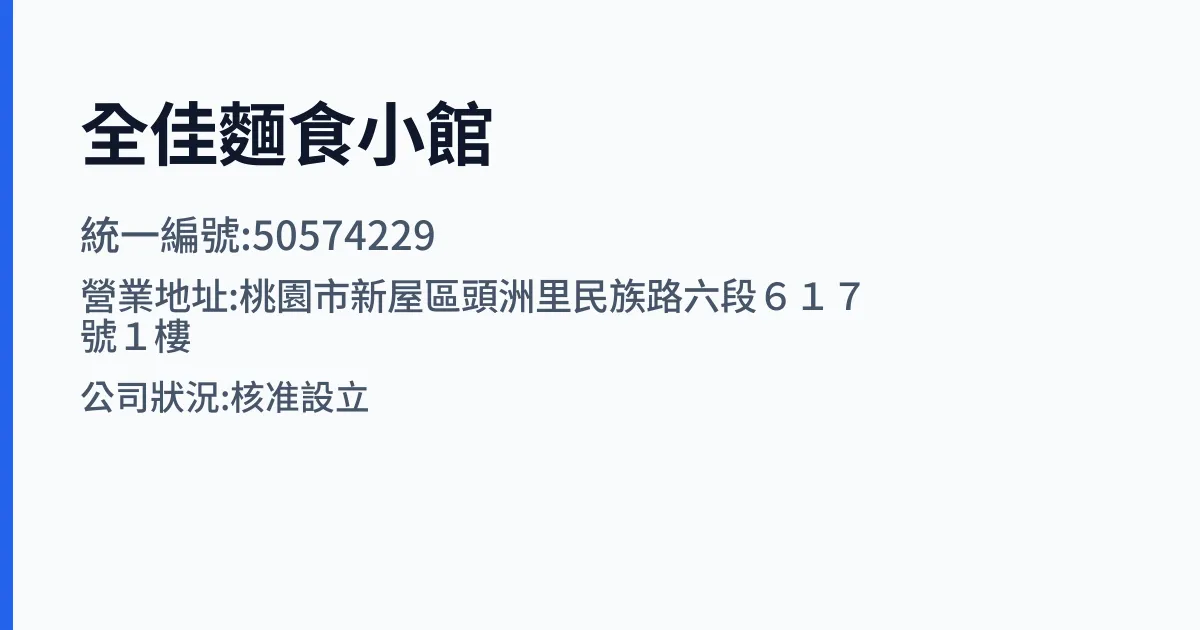 全佳麵食小館 - 統編 50574229(桃園市) 公司登記資料與營業項目詳細圖表
