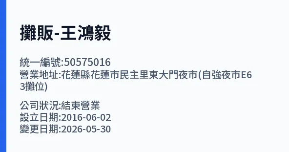 攤販-王鴻毅的照片-統編 50575016(花蓮縣) 公司登記資料與營業項目詳細圖表