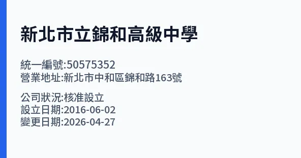 新北市立錦和高級中學的照片-統編 50575352(新北市) 公司登記資料與營業項目詳細圖表