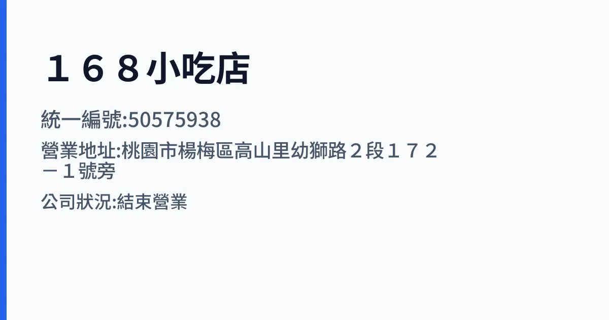 １６８小吃店 - 統編 50575938(桃園市) 公司登記資料與營業項目詳細圖表