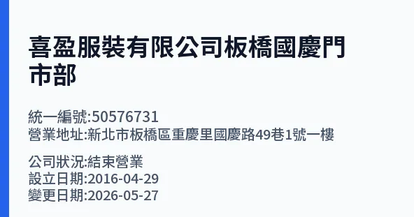 喜盈服裝有限公司板橋國慶門市部的照片-統編 50576731(新北市) 公司登記資料與營業項目詳細圖表