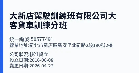 大新店駕駛訓練班有限公司大客貨車訓練分班的照片-統編 50577491(新北市) 公司登記資料與營業項目詳細圖表