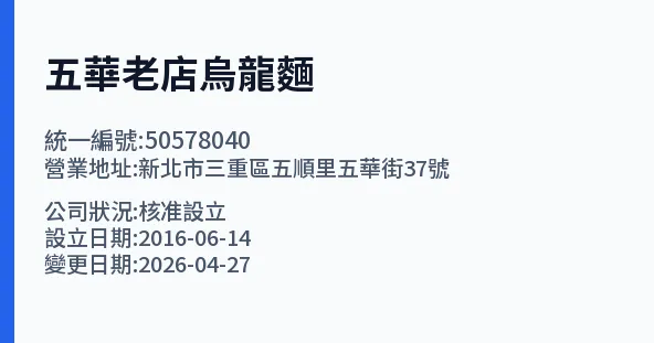 五華老店烏龍麵的照片-統編 50578040(新北市) 公司登記資料與營業項目詳細圖表