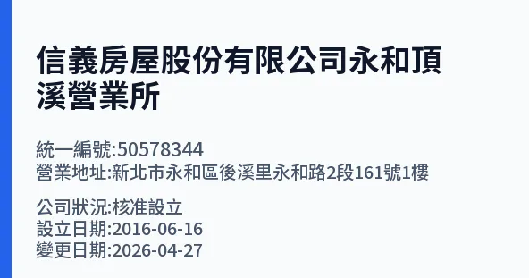 信義房屋股份有限公司永和頂溪營業所的照片-統編 50578344(新北市) 公司登記資料與營業項目詳細圖表