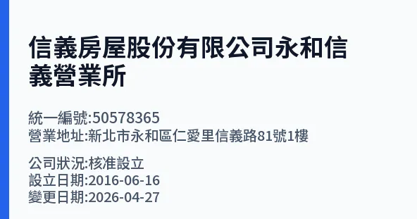 信義房屋股份有限公司永和信義營業所的照片-統編 50578365(新北市) 公司登記資料與營業項目詳細圖表