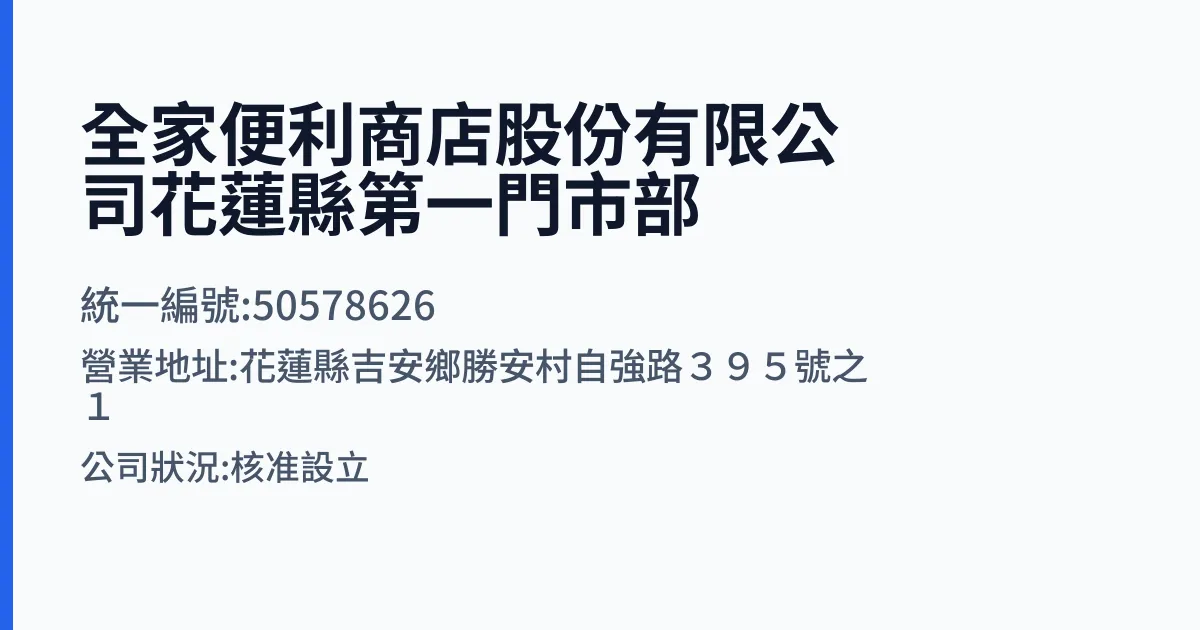 全家便利商店股份有限公司花蓮縣第一門市部 - 統編 50578626(花蓮縣) 公司登記資料與營業項目詳細圖表