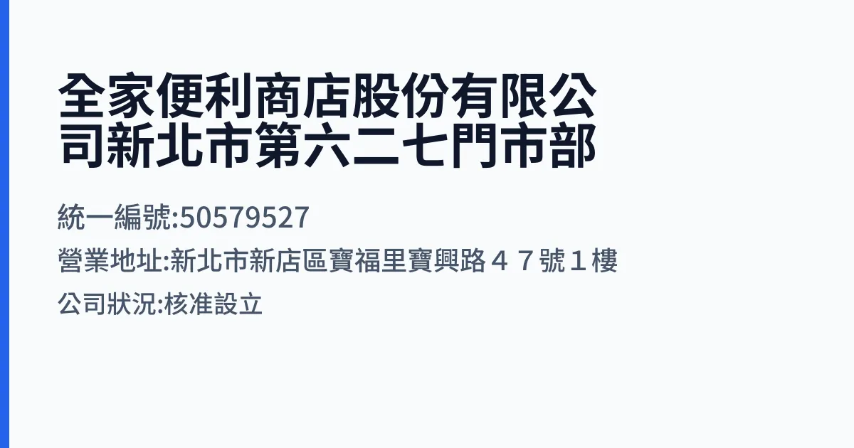 全家便利商店股份有限公司新北市第六二七門市部 - 統編 50579527(新北市) 公司登記資料與營業項目詳細圖表