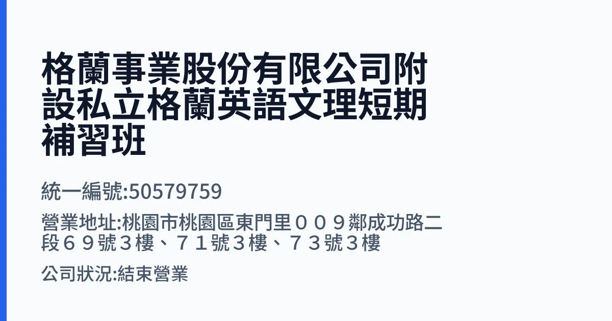 格蘭事業股份有限公司附設私立格蘭英語文理短期補習班 - 統編 50579759(桃園市) 公司登記資料與營業項目詳細圖表
