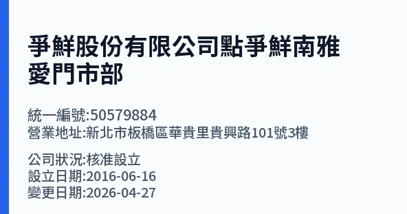 爭鮮股份有限公司點爭鮮南雅愛門市部的照片-統編 50579884(新北市) 公司登記資料與營業項目詳細圖表