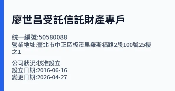 廖世昌受託信託財產專戶的照片-統編 50580088(臺北市) 公司登記資料與營業項目詳細圖表