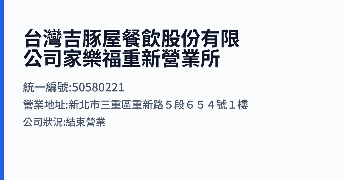 台灣吉豚屋餐飲股份有限公司家樂福重新營業所 - 統編 50580221(新北市) 公司登記資料與營業項目詳細圖表