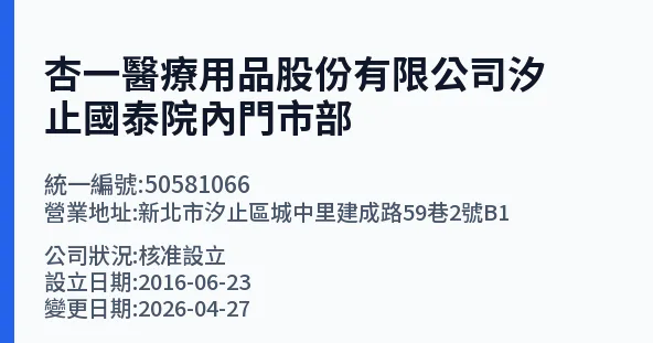 杏一醫療用品股份有限公司汐止國泰院內門市部的照片-統編 50581066(新北市) 公司登記資料與營業項目詳細圖表
