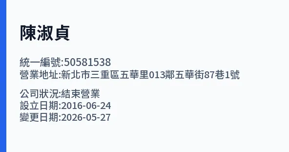 陳淑貞的照片-統編 50581538(新北市) 公司登記資料與營業項目詳細圖表