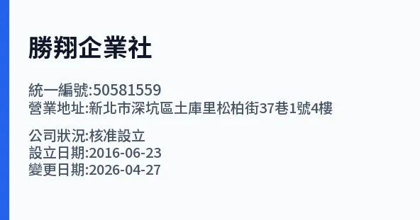 勝翔企業社的照片-統編 50581559(新北市) 公司登記資料與營業項目詳細圖表