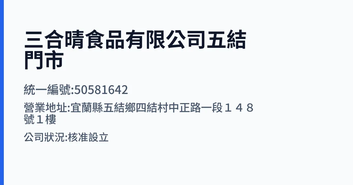 三合晴食品有限公司五結門市 - 統編 50581642(宜蘭縣) 公司登記資料與營業項目詳細圖表