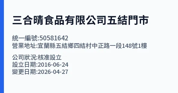 三合晴食品有限公司五結門市的照片-統編 50581642(宜蘭縣) 公司登記資料與營業項目詳細圖表