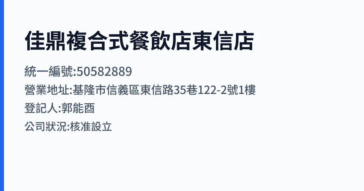佳鼎複合式餐飲店東信店 - 統編 50582889(基隆市) 公司登記資料與營業項目詳細圖表