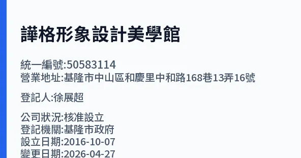 譁格形象設計美學館的照片-統編 50583114(基隆市) 公司登記資料與營業項目詳細圖表