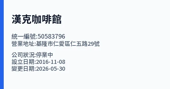漢克咖啡館的照片-統編 50583796(基隆市) 公司登記資料與營業項目詳細圖表