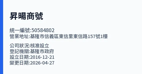 昇暘商號的照片-統編 50584802(基隆市) 公司登記資料與營業項目詳細圖表
