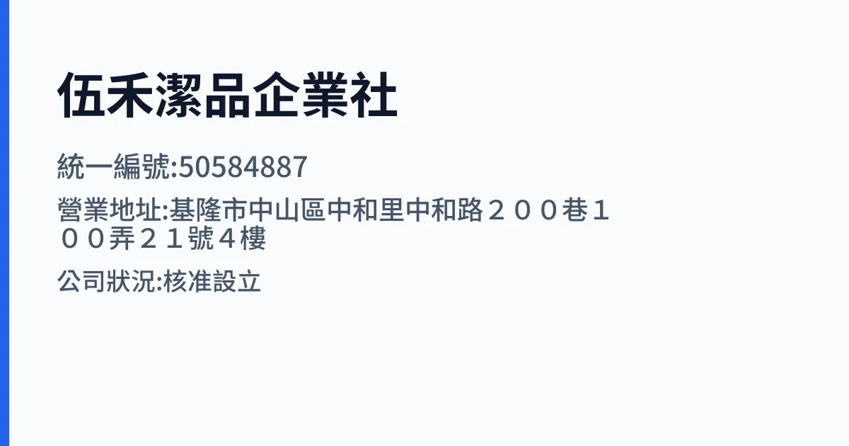 伍禾潔品企業社 - 統編 50584887(基隆市) 公司登記資料與營業項目詳細圖表