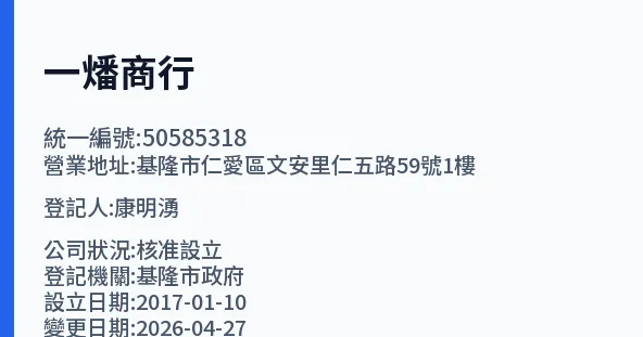 一燔商行的照片-統編 50585318(基隆市) 公司登記資料與營業項目詳細圖表