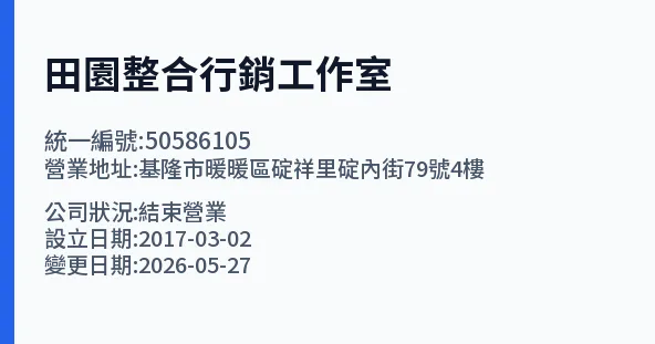 田園整合行銷工作室的照片-統編 50586105(基隆市) 公司登記資料與營業項目詳細圖表