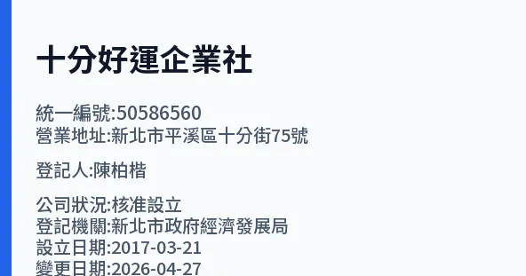 十分好運企業社的照片-統編 50586560(新北市) 公司登記資料與營業項目詳細圖表