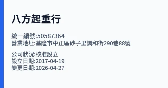 八方起重行的照片-統編 50587364(基隆市) 公司登記資料與營業項目詳細圖表