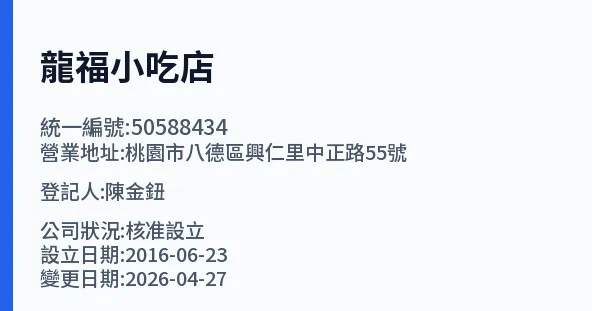 龍福小吃店的照片-統編 50588434(桃園市) 公司登記資料與營業項目詳細圖表