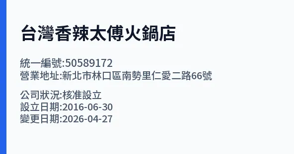 台灣香辣太傅火鍋店的照片-統編 50589172(新北市) 公司登記資料與營業項目詳細圖表
