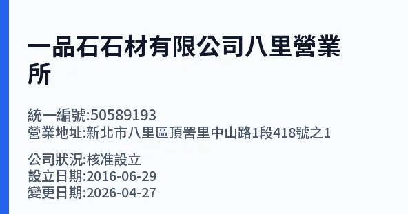 一品石石材有限公司八里營業所的照片-統編 50589193(新北市) 公司登記資料與營業項目詳細圖表