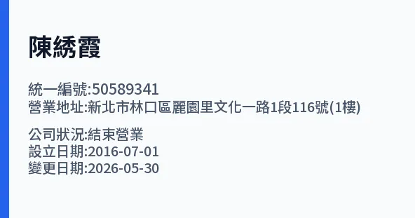 陳綉霞的照片-統編 50589341(新北市) 公司登記資料與營業項目詳細圖表
