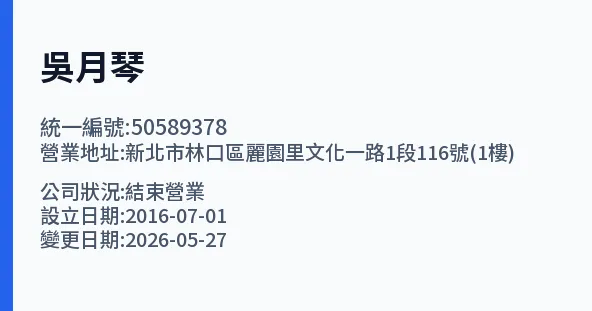 吳月琴的照片-統編 50589378(新北市) 公司登記資料與營業項目詳細圖表