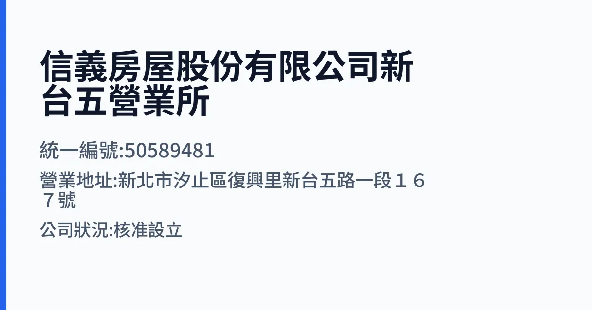 信義房屋股份有限公司新台五營業所 - 統編 50589481(新北市) 公司登記資料與營業項目詳細圖表
