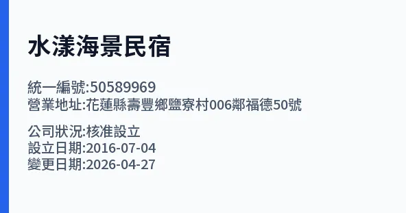 水漾海景民宿的照片-統編 50589969(花蓮縣) 公司登記資料與營業項目詳細圖表