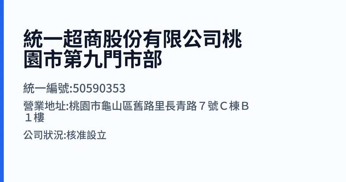 統一超商股份有限公司桃園市第九門市部 - 統編 50590353(桃園市) 公司登記資料與營業項目詳細圖表