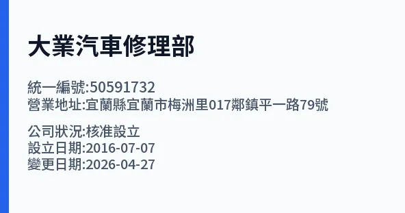 大業汽車修理部的照片-統編 50591732(宜蘭縣) 公司登記資料與營業項目詳細圖表