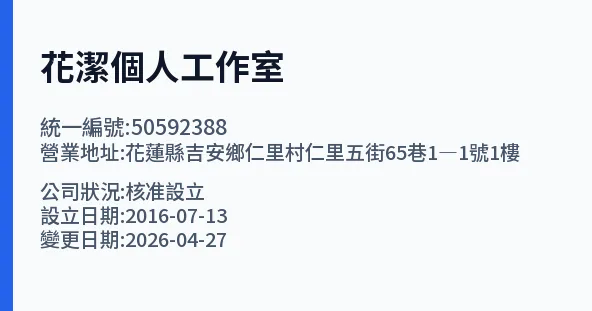 花潔個人工作室的照片-統編 50592388(花蓮縣) 公司登記資料與營業項目詳細圖表