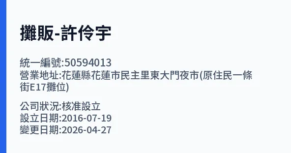 攤販-許伶宇的照片-統編 50594013(花蓮縣) 公司登記資料與營業項目詳細圖表