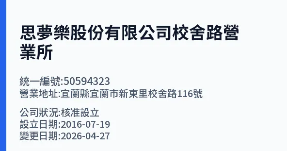 思夢樂股份有限公司校舍路營業所的照片-統編 50594323(宜蘭縣) 公司登記資料與營業項目詳細圖表
