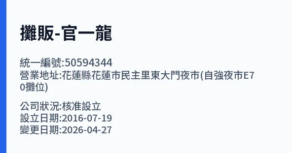 攤販-官一龍的照片-統編 50594344(花蓮縣) 公司登記資料與營業項目詳細圖表
