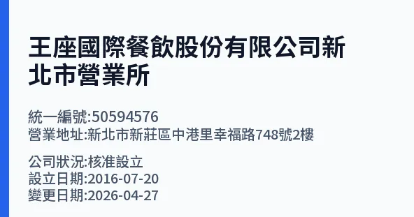 王座國際餐飲股份有限公司新北市營業所的照片-統編 50594576(新北市) 公司登記資料與營業項目詳細圖表