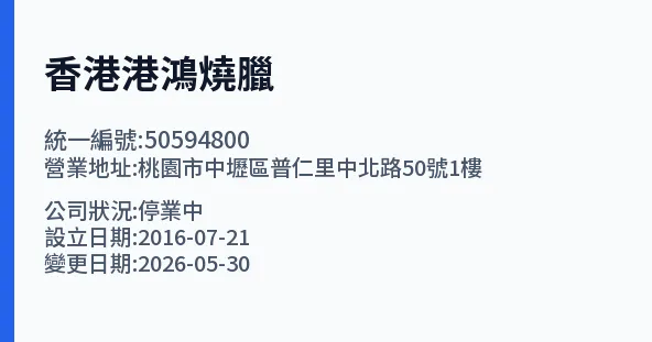 香港港鴻燒臘的照片-統編 50594800(桃園市) 公司登記資料與營業項目詳細圖表