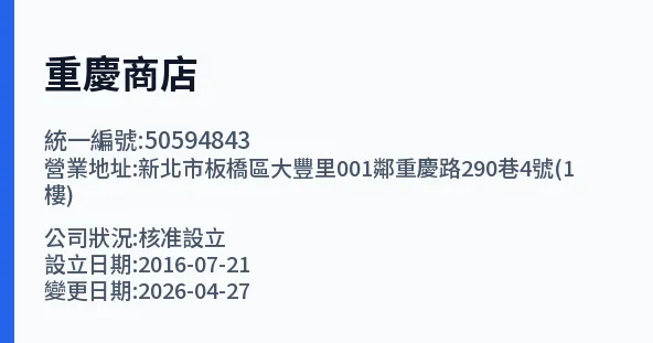 重慶商店的照片-統編 50594843(新北市) 公司登記資料與營業項目詳細圖表