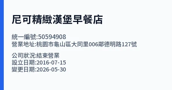 尼可精緻漢堡早餐店的照片-統編 50594908(桃園市) 公司登記資料與營業項目詳細圖表