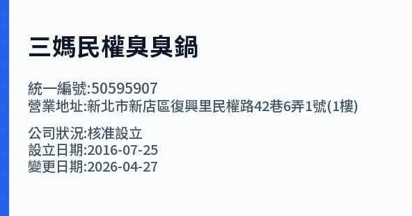 三媽民權臭臭鍋的照片-統編 50595907(新北市) 公司登記資料與營業項目詳細圖表