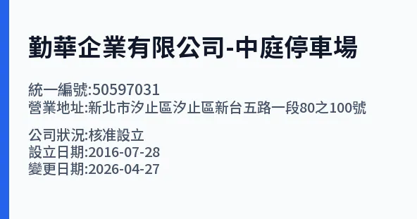 勤華企業有限公司-中庭停車場的照片-統編 50597031(新北市) 公司登記資料與營業項目詳細圖表